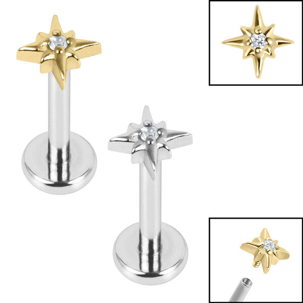 Titanium Internally Threaded Labrets 1.2mm - Steel Jewelled 8 Point St ...